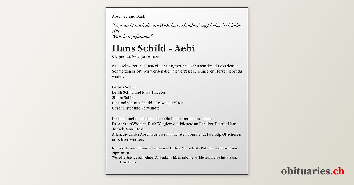 Avis de décès Hans Schild - Aebi, Brienzwiler – avisdeces.ch