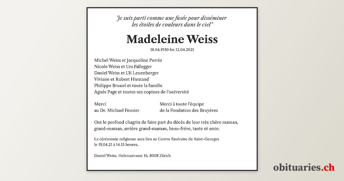 Avis de décès Madeleine Weiss, Genève – avisdeces.ch