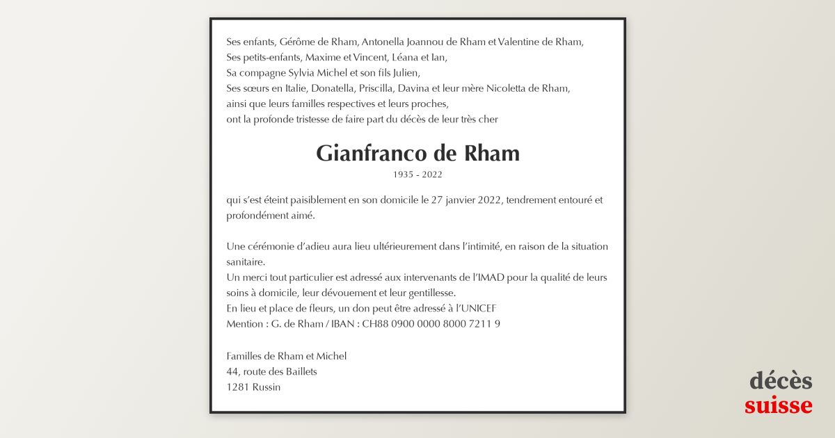 Avis de décès Gianfranco de Rham, Russin – avisdeces.ch