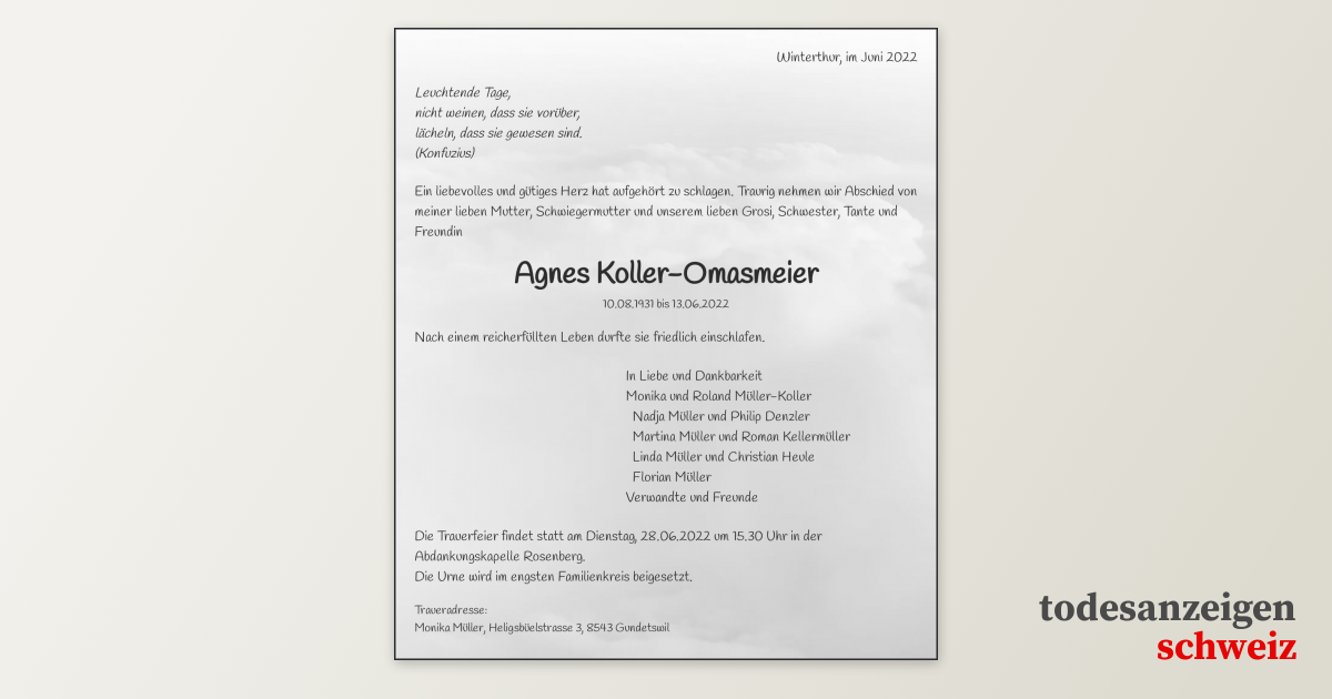 Avis de décès Agnes Koller-Omasmeier, Winterthur