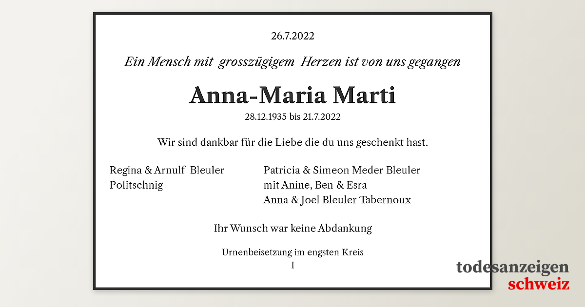 Avis de décès Anna-Maria Marti, Basel – avisdeces.ch
