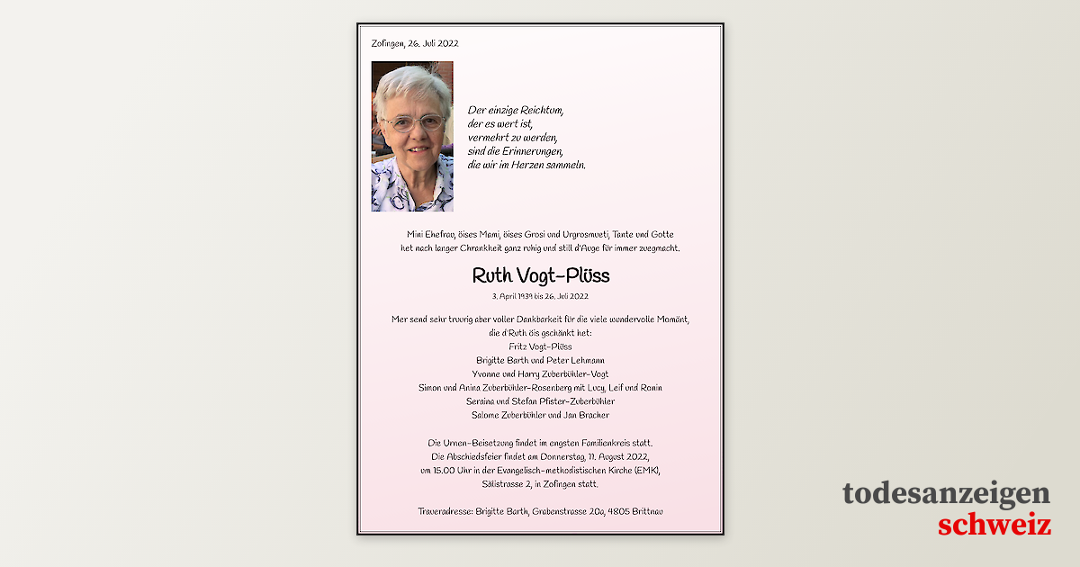 Avis de décès Ruth Vogt-Plüss, Zofingen – avisdeces.ch