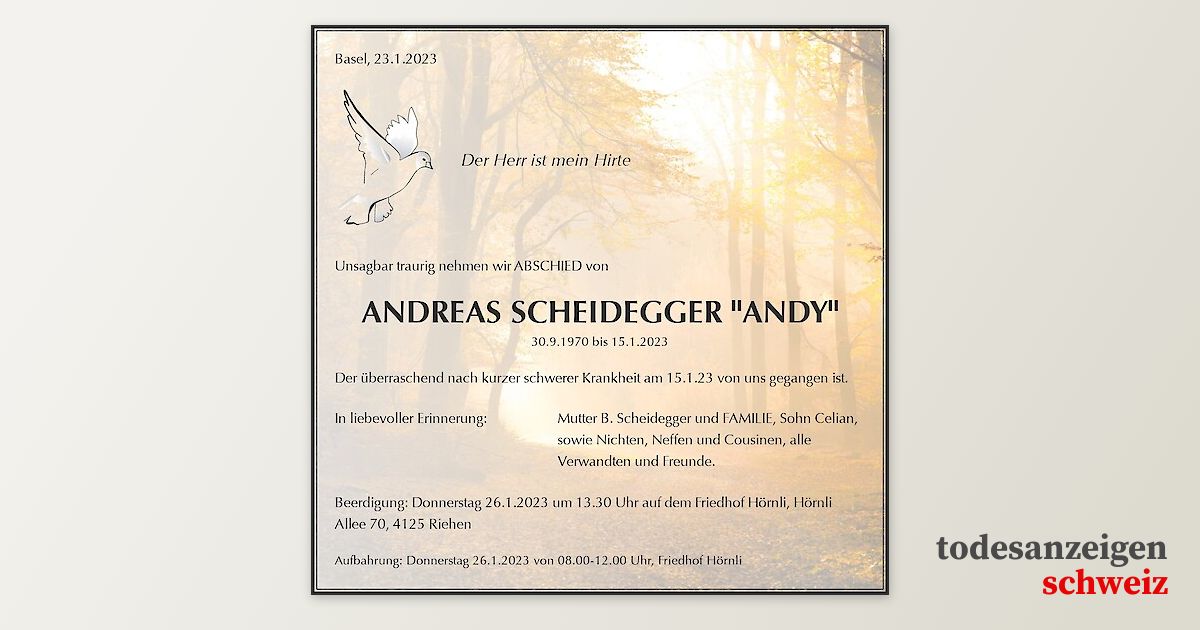 Avis de décès ANDREAS SCHEIDEGGER "ANDY"